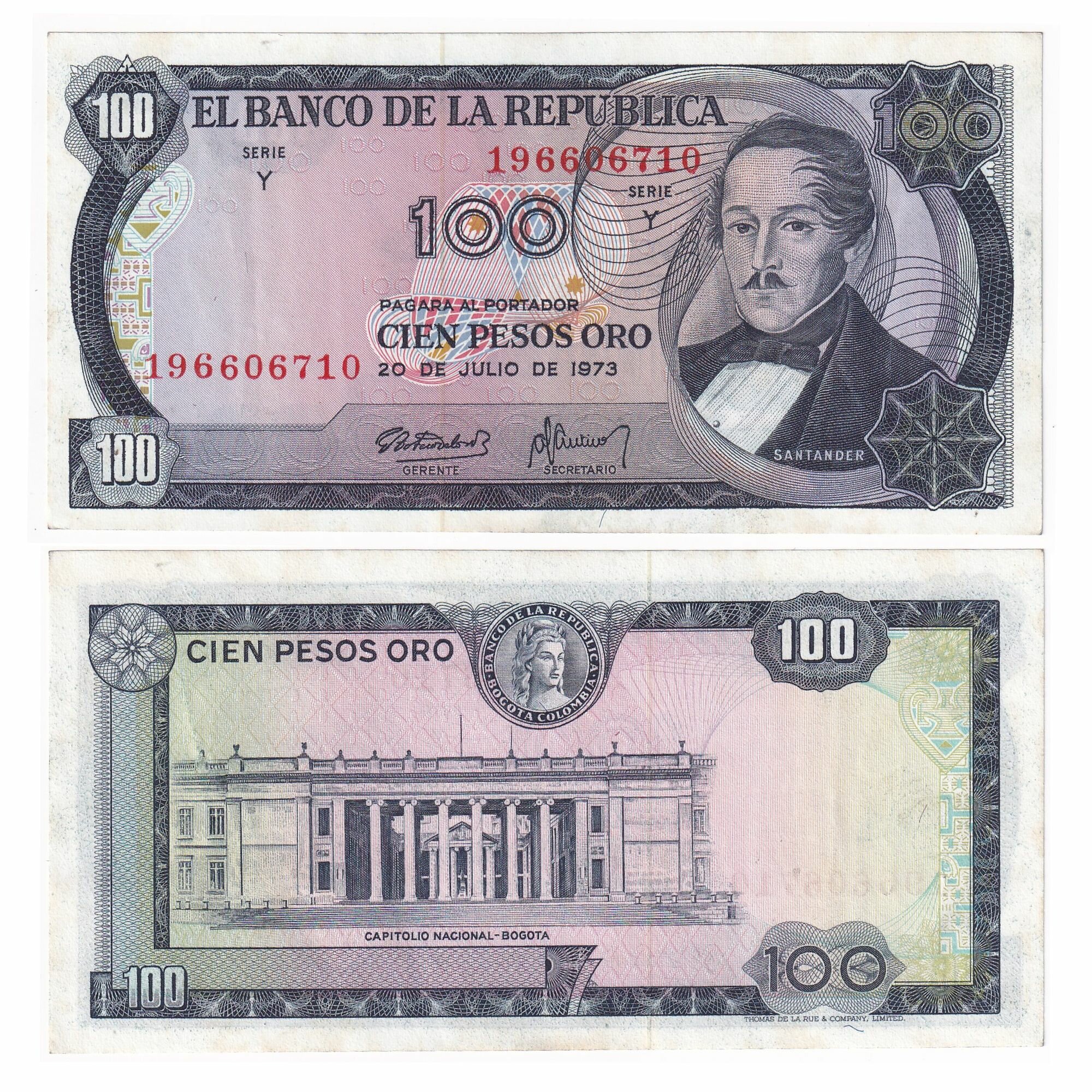 Банкнота Колумбия 100 песо 1973 год Extremely Fine (XF) Pick 415