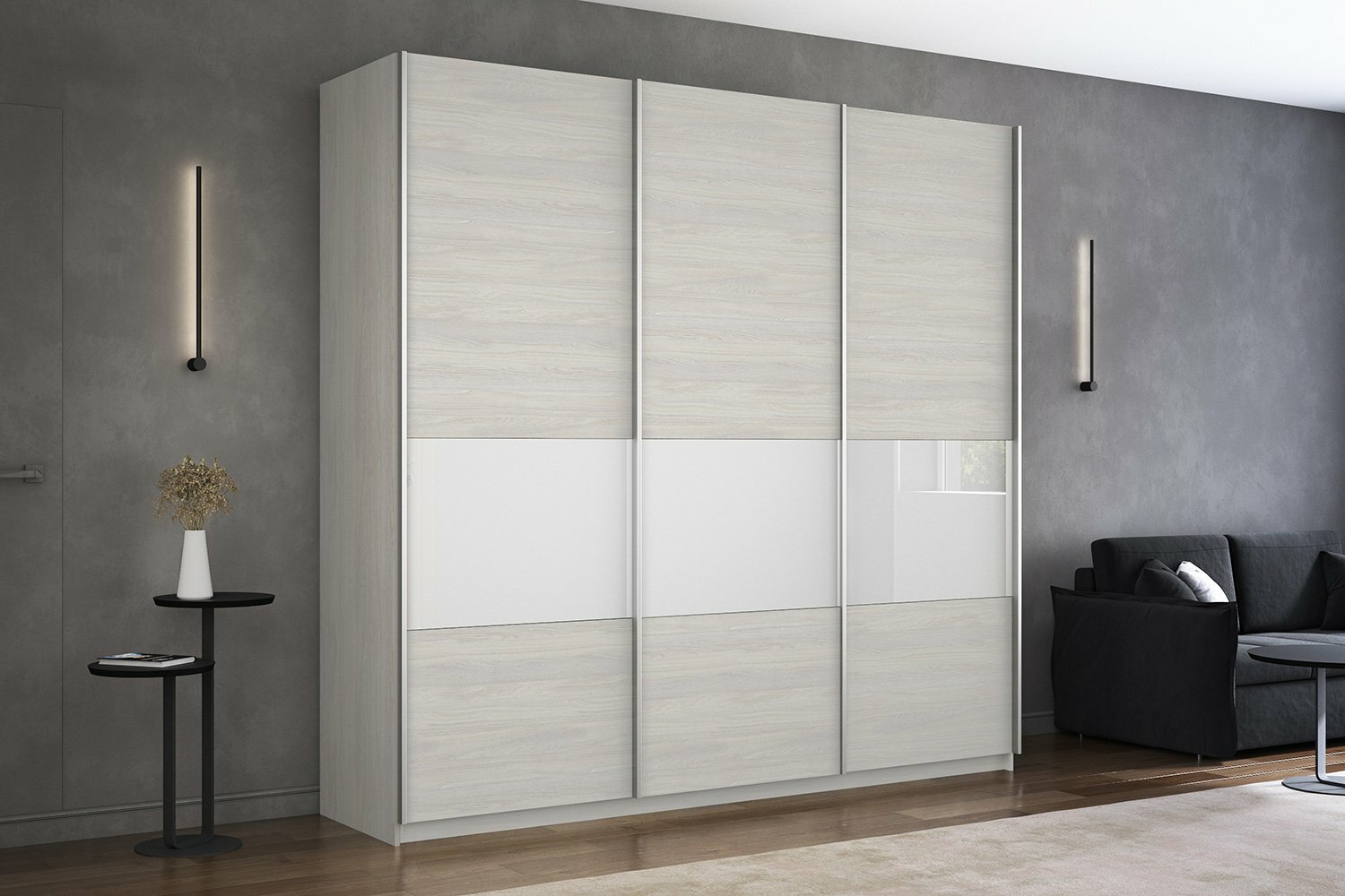 Шкаф-купе 2,4 Прайм 3-х дверный 240х230х57 широкий Лдсп Белое стекло Ясень Анкор светлый с доводчиками