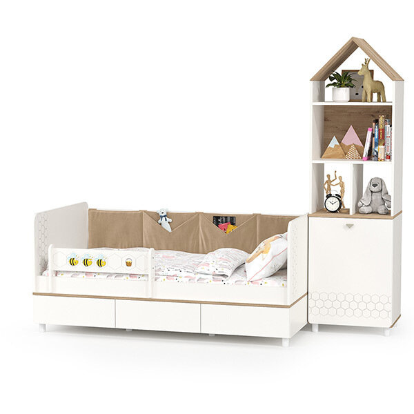 Эйп 11.40 Кровать + 13.14 Стеллаж, цвет белый/дуб белый, сп. м. 800х1600 мм, б/м, основание есть, макс. нагрузка 80 кг, рек. выс. матр. 120 мм.