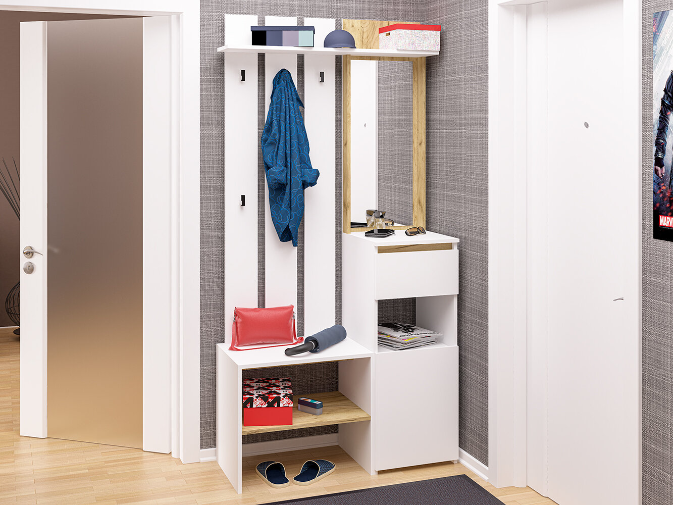 Прихожая МК "Пирамида" ПР-17, с зеркалом , цвет белый/золотой, универсальная (правая, левая), 200х100х42 см