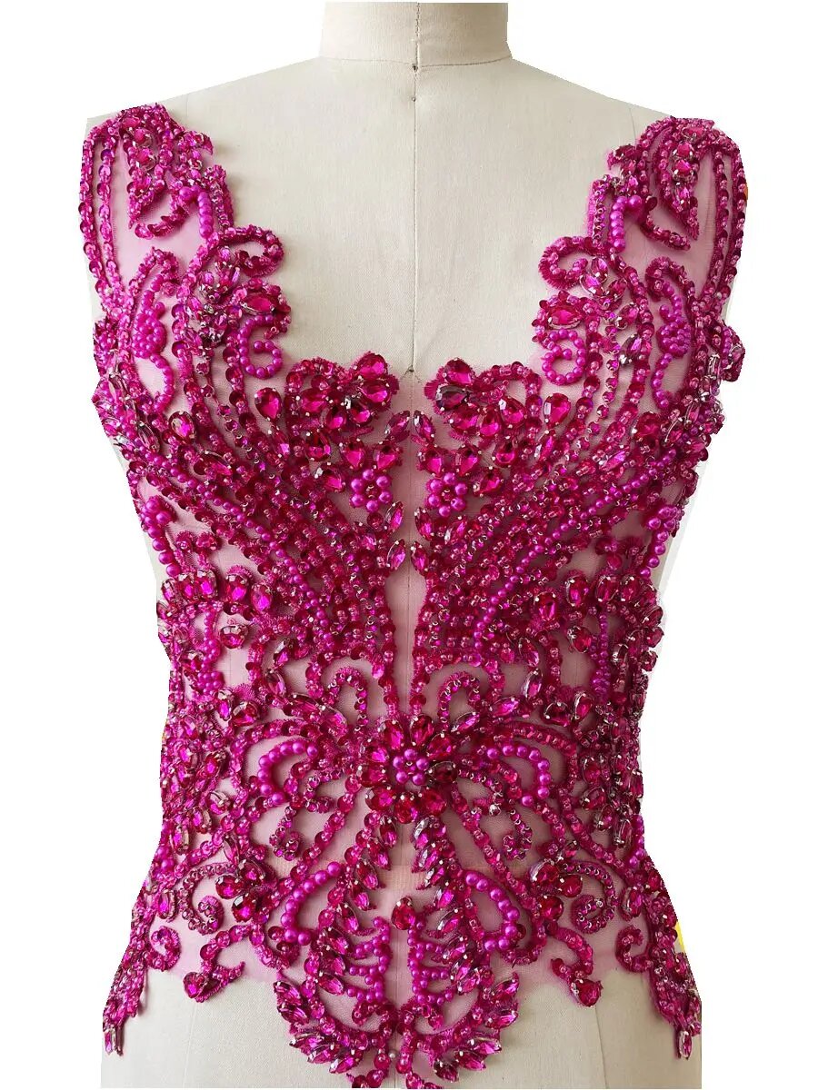 Кружевная аппликация из страз и бусин zbroh Розовый, rose red