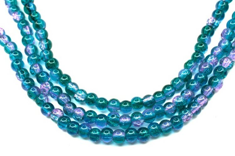 Бусина круглая с эффектом кракле, диаметр 4мм, отверстие 1мм, цвет розовый/изумрудный, 550-029, 1 нить (около 38см, около 100 бусин)