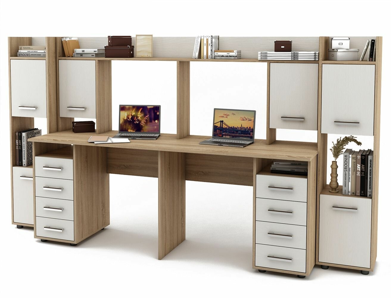 Стол письменный, компьютерный и стеллаж для двоих Остин (Ливерпуль)-20 дуб сонома/белове дерево