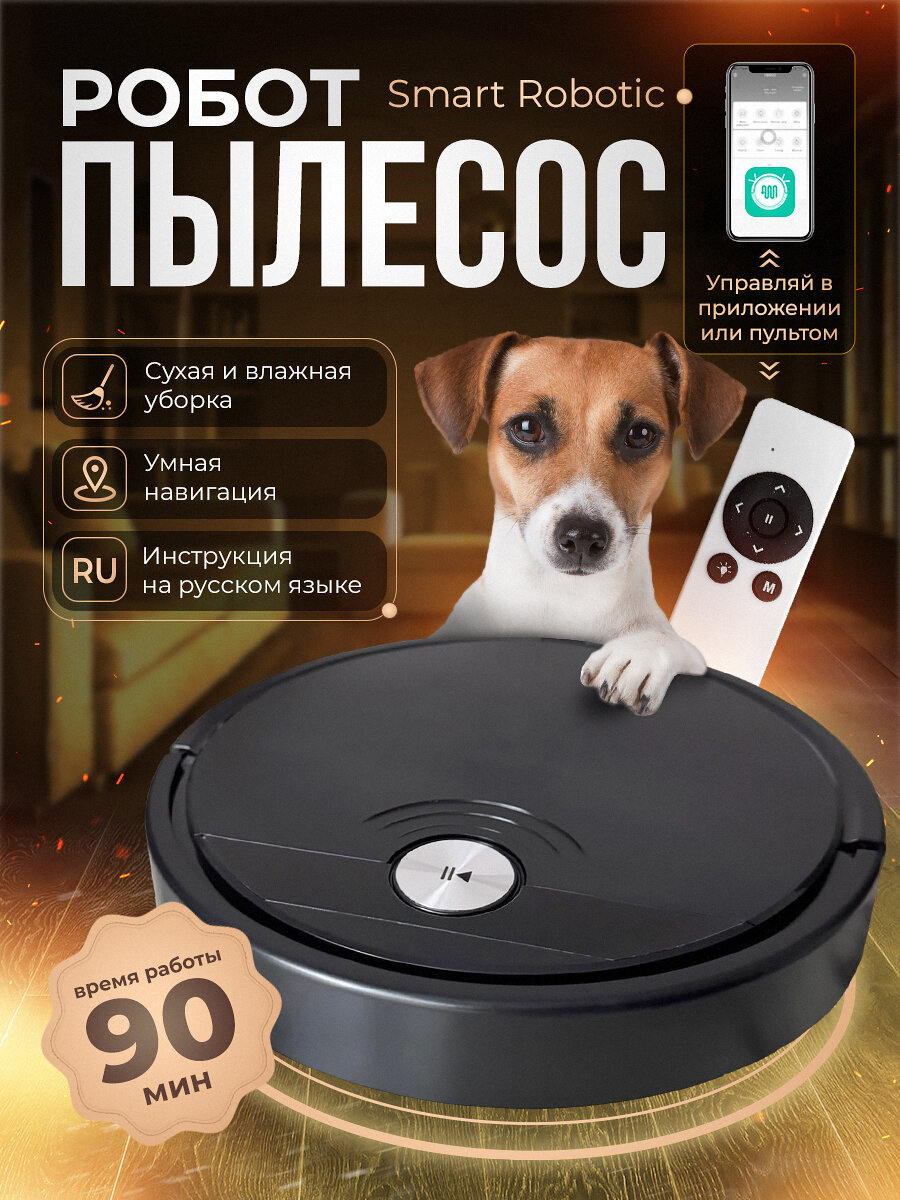 Робот пылесос с влажной и сухой уборкой LIVSPARK MN 18 чёрный, автоматический режим, контейнер 0.3 л, Li-ion 2000 мА ч (до 90 мин), пульт ДУ + приложение, 2800 Вт, 55 дБ
