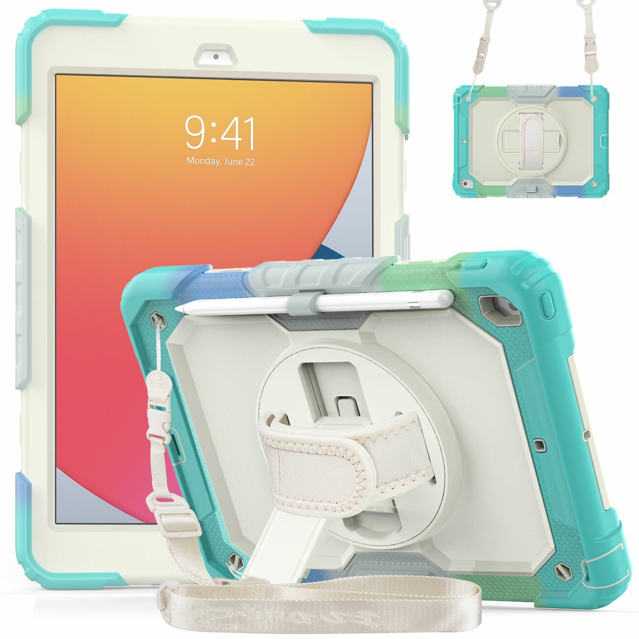 Чехол для iPad 9/8/7th поколения, чехол для iPad 10.2, сверхпрочный противоударный с защитным экраном и держателем для карандашей ремешок с вращением на 360