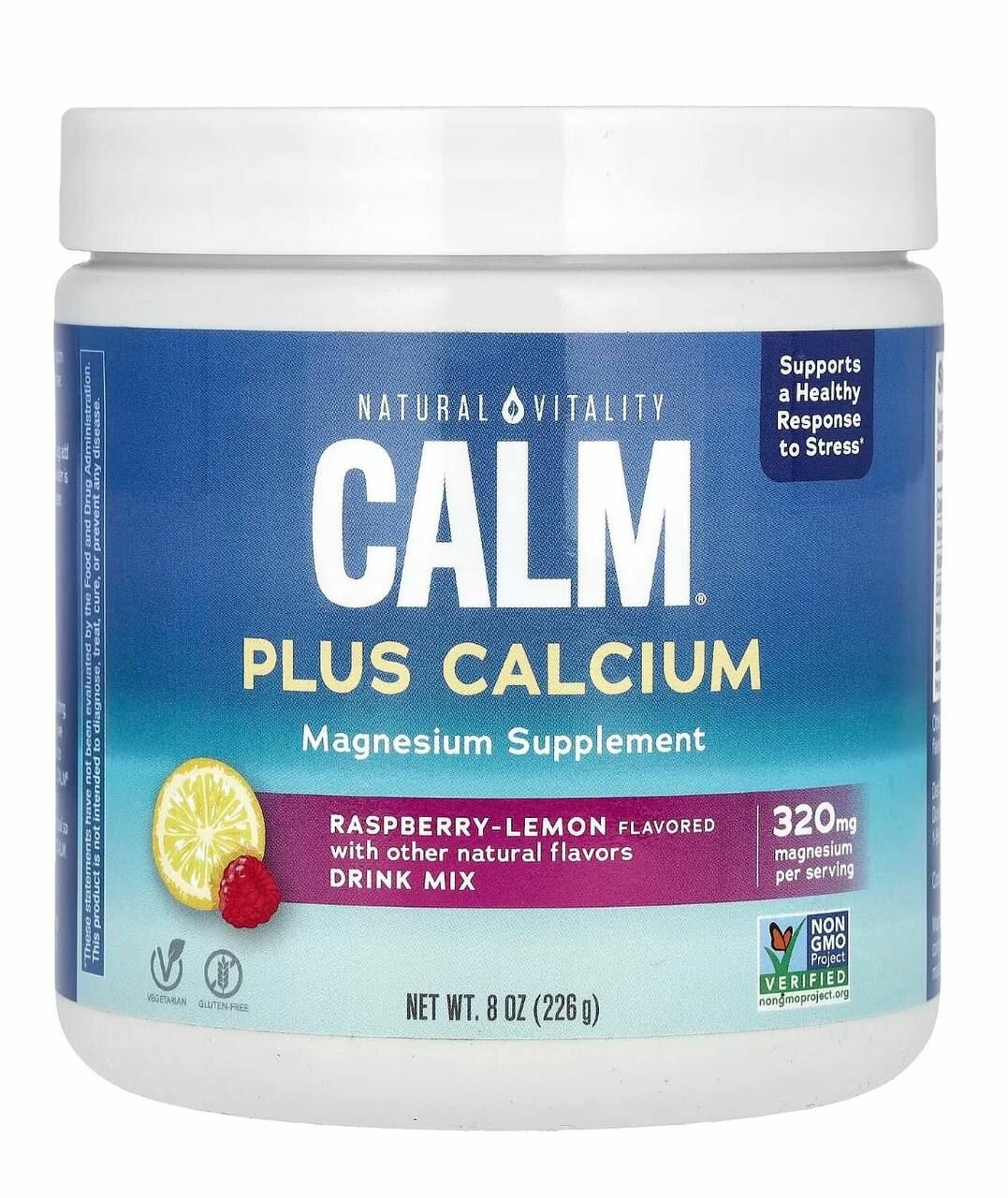 Natural Vitality, CALM Plus Calcium, антистрессовая смесь для напитков с магнием и кальцием со вкусом малины и лимона, 226 г