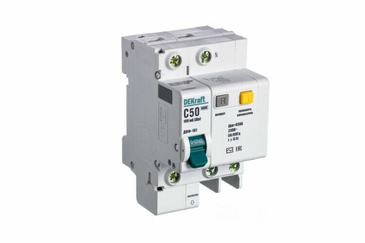 Дифф. автомат (АВДТ) 2-пол. (1P+N) 50А C 30мА тип AC 4,5кА ДИФ-101 DEKraft