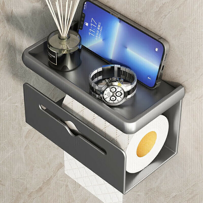 Xinpei Bathroom Tissue Holder, Space Aluminum, No Drilling Required, Double-Layer Tissue Box, Toilet Roll Holder, Bathroom Storage Rack