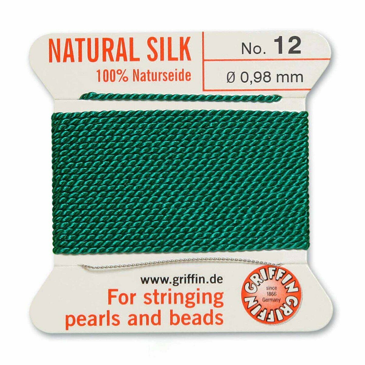 Нить шелковая, Griffin No.12 (0.98мм), изумрудно-зелёная, с иглой, моток, 2 метра