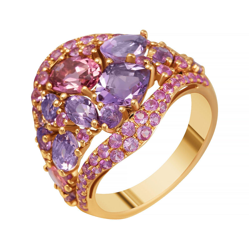 Кольцо, красное золото, 585 проба, аметист, сапфир, турмалин