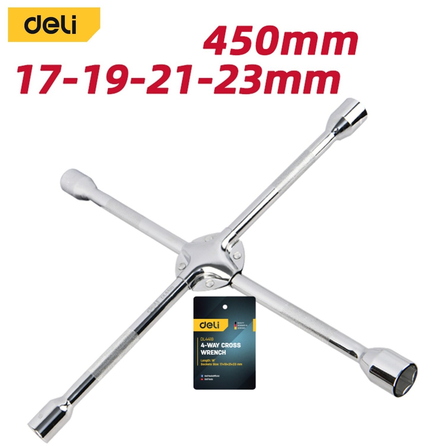 Крестообразный баллонный усиленный ключ 17x19x21x23мм Deli DL4418 длина 450мм, сталь Cr-V