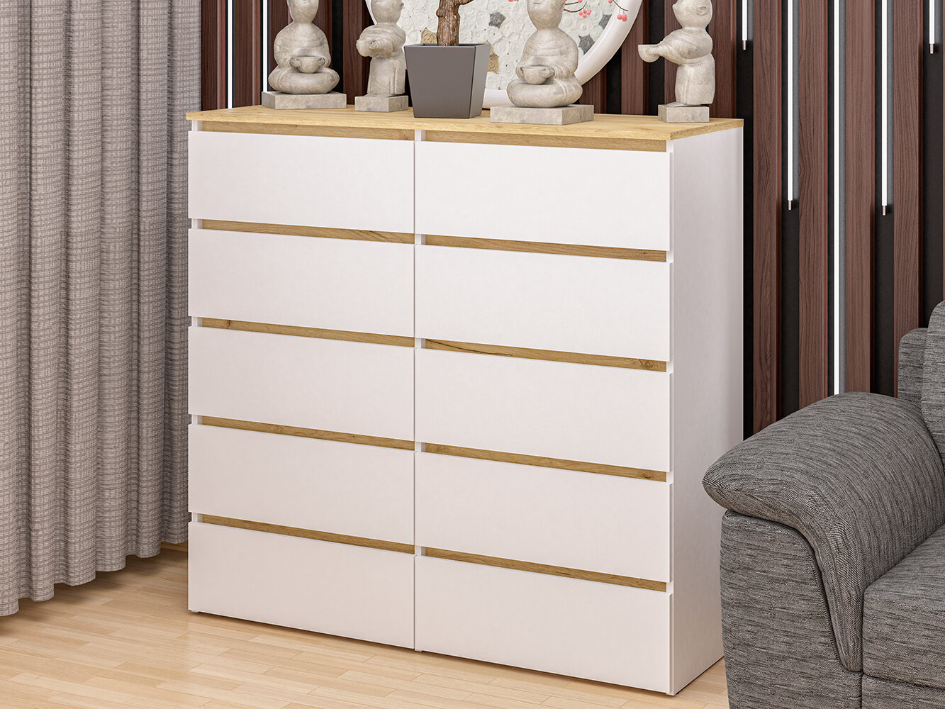 Комод МК "Пирамида" К-34, 10 ящиков, цвет белый/крафт золотой, 116x120x42 см