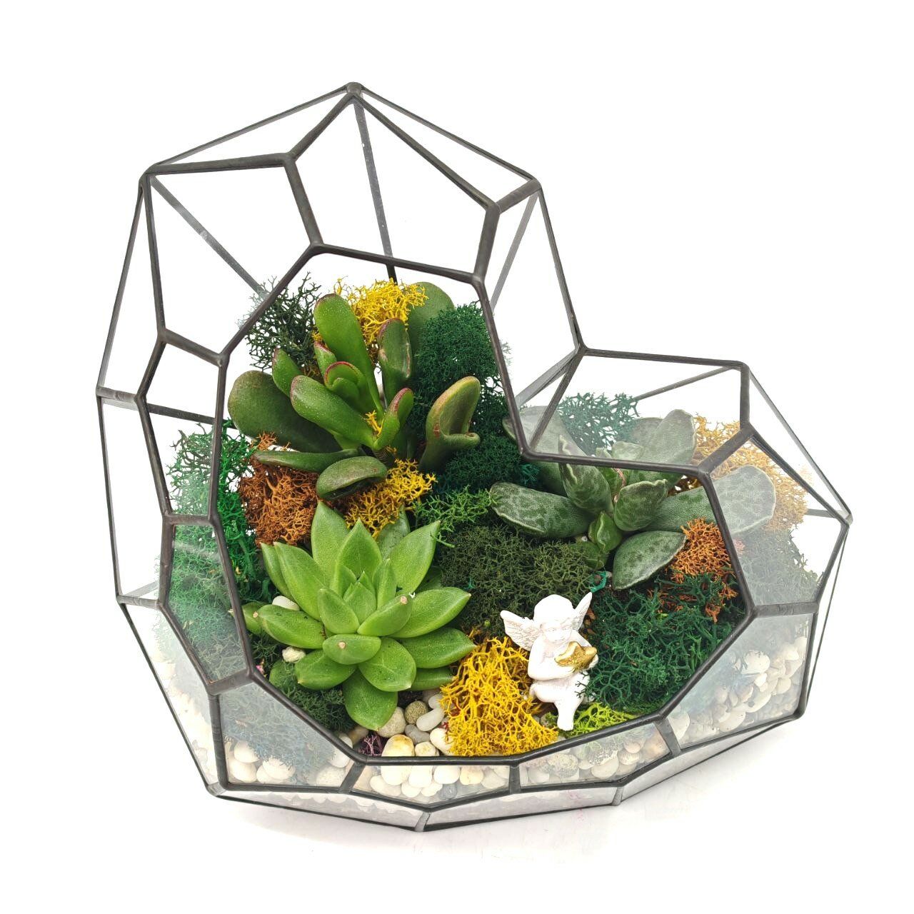 Флорариум интерьерный сердце с суккулентами и фигуркой ангелок