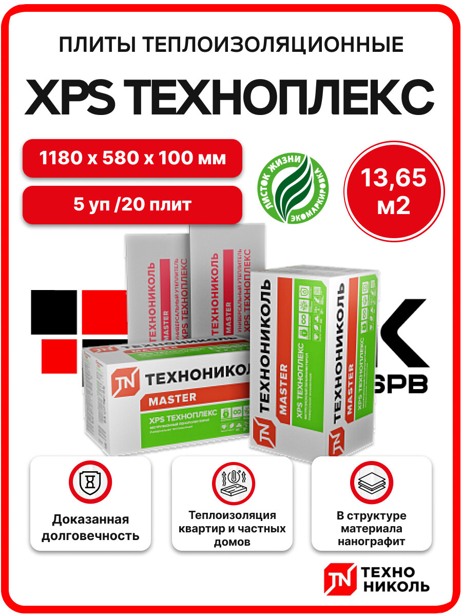 Технониколь XPS Техноплекс 100 мм (5уп / 13,65м2 / 20 плит) утеплитель из пенополистирола для стен, балкона, крыши, пола