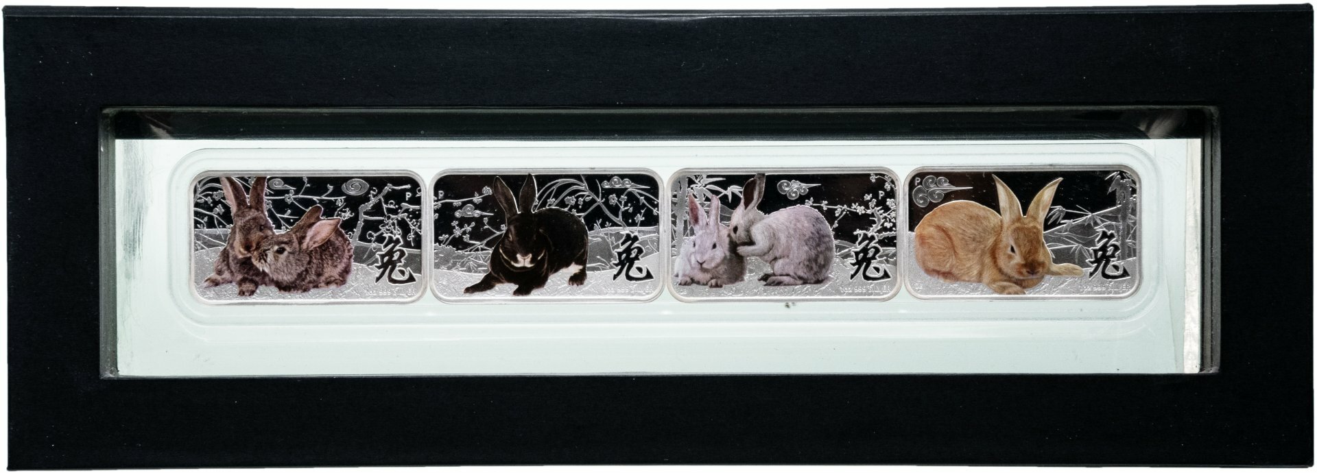 Острова Кука 1 доллар 2011 Proof набор из 4-х монет "Лунный календарь - Год кролика" в футляре с сертификатом, Серебро 999