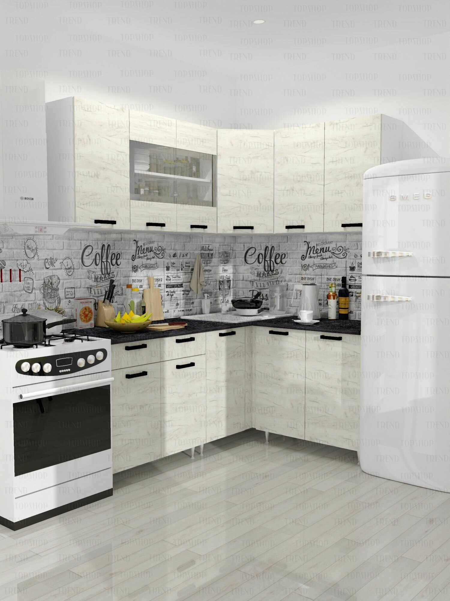 Кухонный гарнитур 180х140 см, Крафт белый /Кастилло