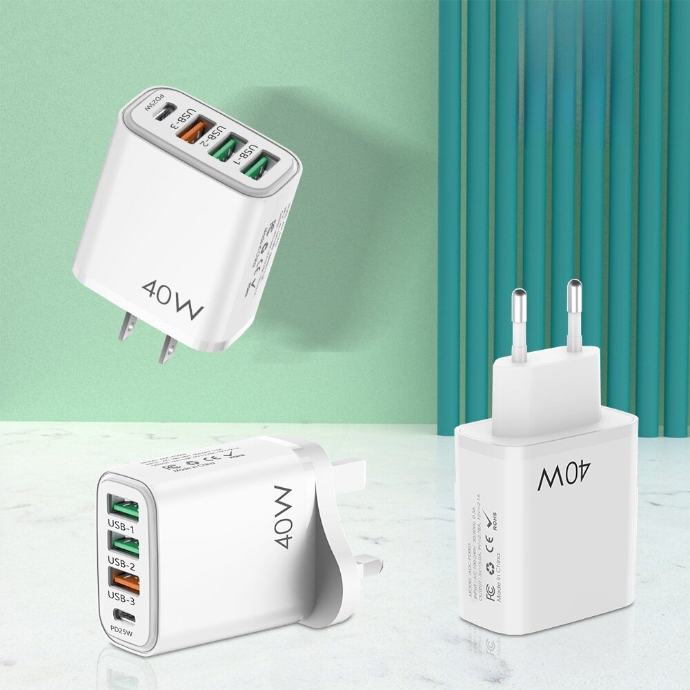 Черное зарядное устройство с разъемом Type-C и 3 USB портами, PD40W QC3.0, 3.1A, 3-контактный штекер для Великобритании