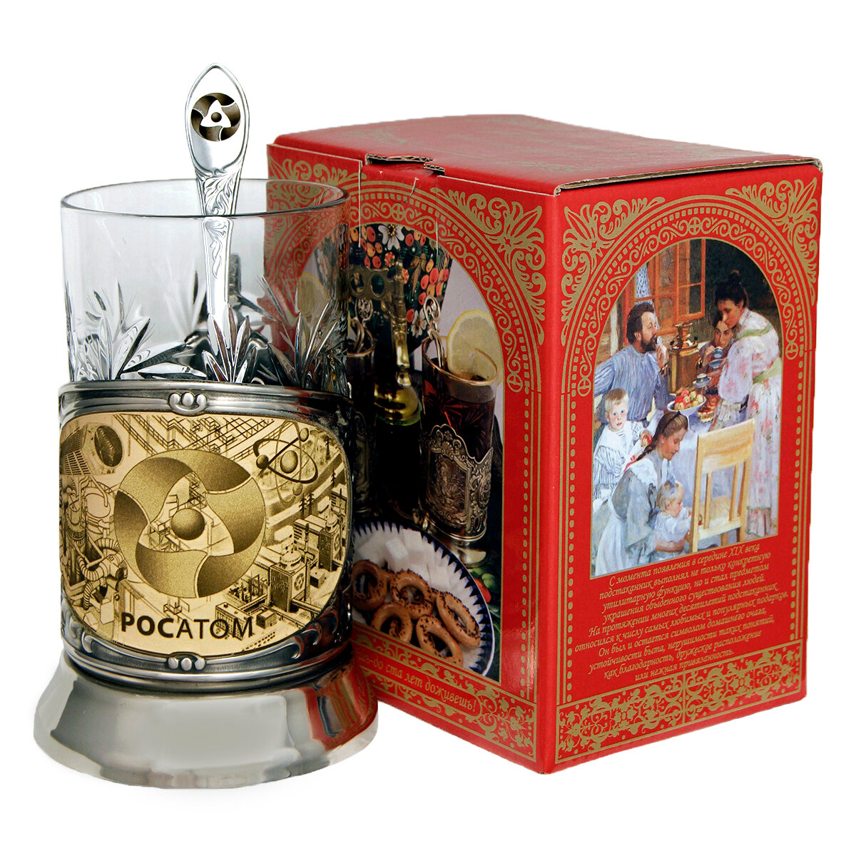 Набор д/чая "Атомная энергия" (3 пр.) - картон. коробка, хруст. стакан, латунь никелированная, гравировка, ложка - нерж. грав. ПД-513/1К