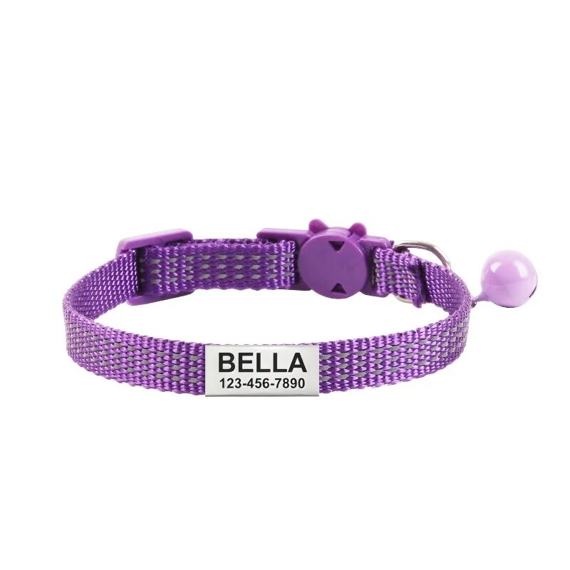 Фиолетовый ошейник для кошки Bella с именем и номером телефона