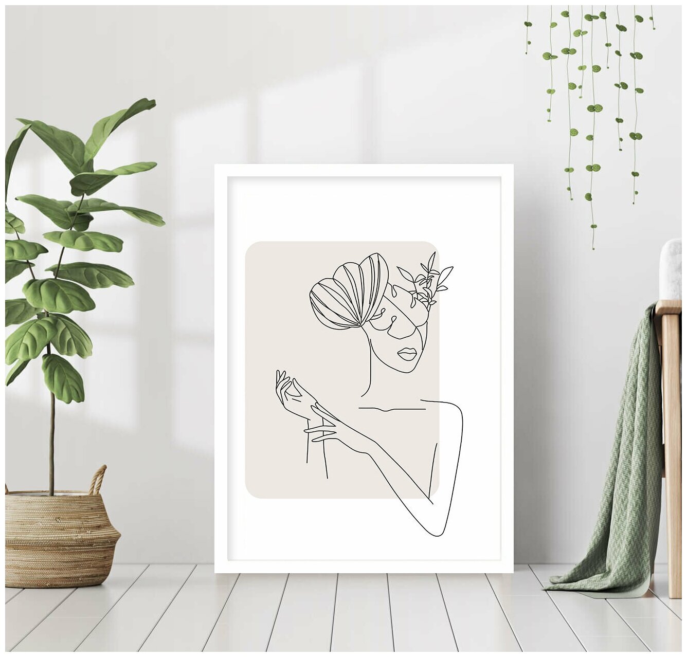 Постер "Линейный рисунок силуэт девушки с растениями на голове" в белой рамке 50х70 см для интерьера на стену