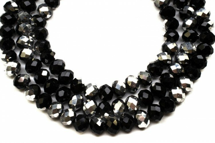 Бусина стеклянная Рондель 8х6мм, цвет черный/серебро, непрозрачная, 508-078, 10шт