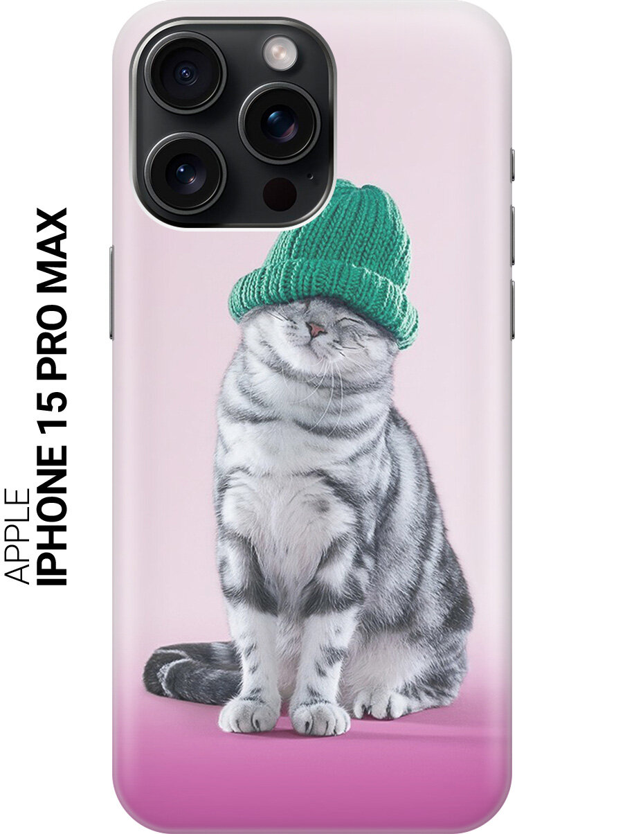 Силиконовый чехол на Apple iPhone 15 Pro Max / Эпл Айфон 15 Про Макс с рисунком "Кот в зеленой шапке"