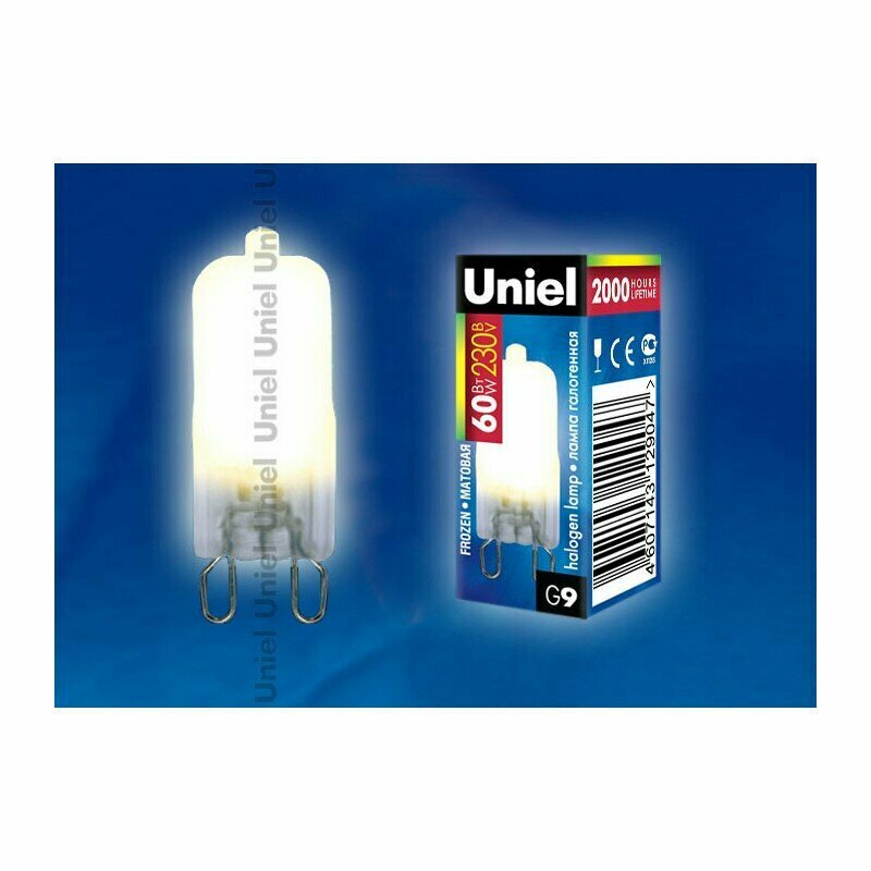 Лампа галогенная Uniel JCD-FR-60/G9 обладает цоколем G9 и мощностью в 60 вт, имеет матовую колбу и белое свечение, цена за 1 шт