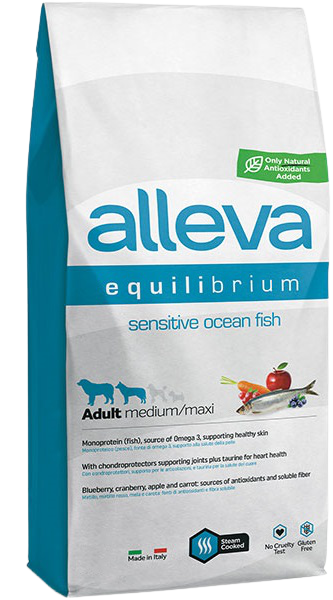 Сухой полнорационный корм Alleva Equilibrium Sensitive Medium/Maxi для взрослых собак средних и крупных пород с чувствительным пищеварением, с океанической рыбой, 12 кг