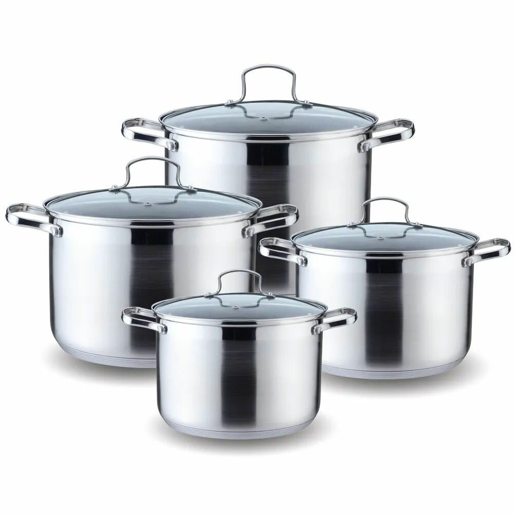Набор из 4 кастрюль 2.1 л, 3 л, 4 л и 6.2 л нержавеющая сталь со стеклянной крышкой, для индукционных плит Kelli, нержавейка для газовой плиты