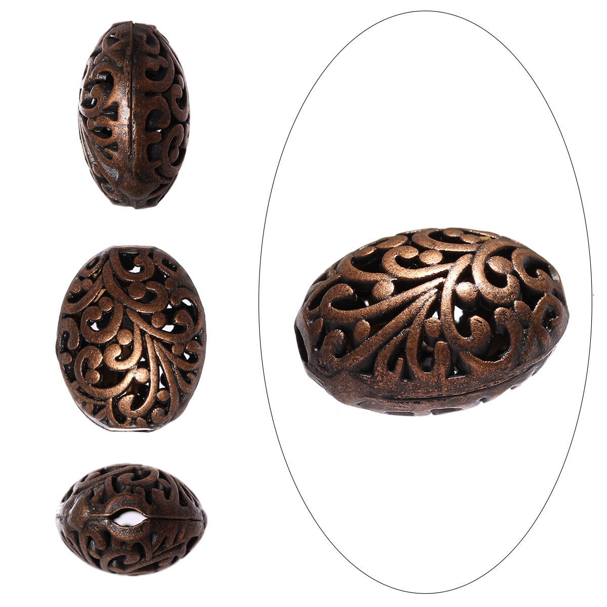 Бусина металлическая, 21х17х13мм, овал, с резным узором, базовый материал - цинковый сплав, медный с чернением, 2 шт.
