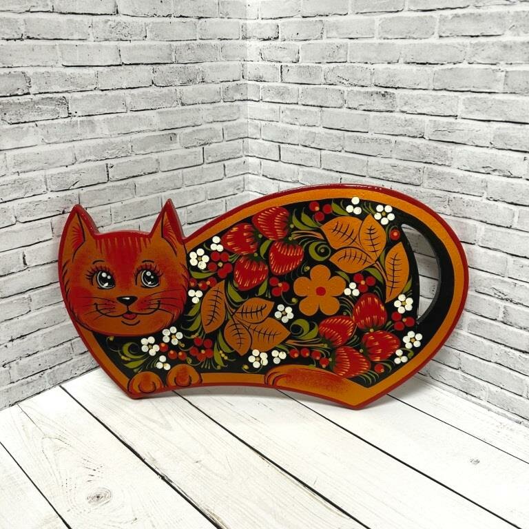 Разделочная доска "Кошка", 17х30 см, Хохлома, ручная роспись