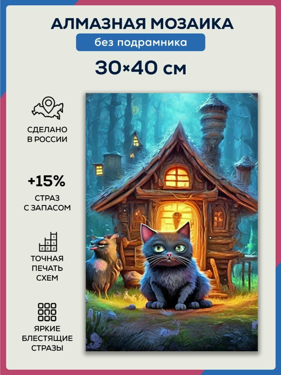 Алмазная мозаика 30x40 Черный кот у дома без подрамника