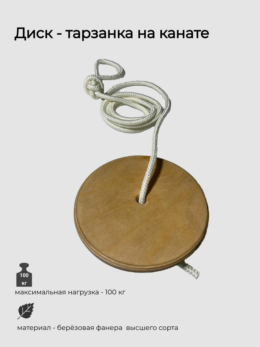 Диск на канате, Тарзанка на белой веревке, Качель круглая деревянная
