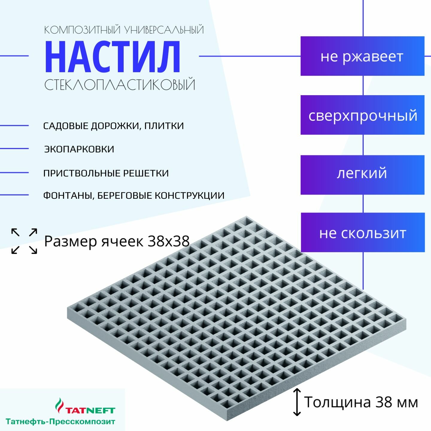 Настил стеклопластиковый решетчатый FC ISO 38х38х38 (1220х800) RAL 7038