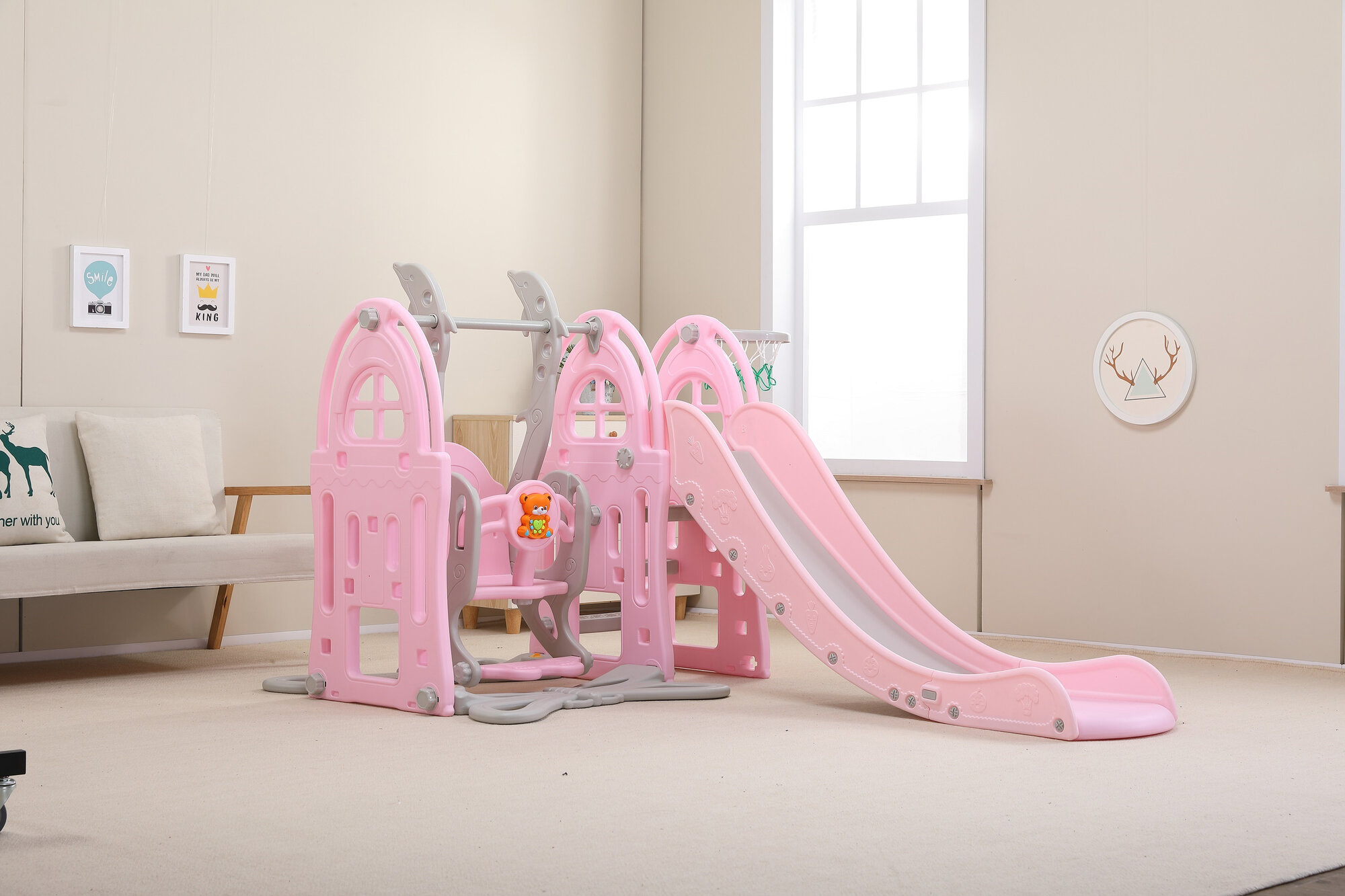 Горка детская для дома и улицы качели Perfetto sport PS-047-P Замок розовый