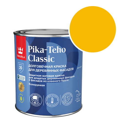 Краска фасадная по дереву Tikkurila Pika-Teho Classic водно-дисперсионная RAL 1023 (Транспортный желтый - Traffic yellow) 0,9 л