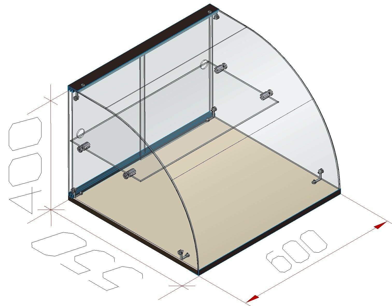 Витрина стеклянная настольная кондитерская для выпечки глубина 55 см. длина 60 см. высота 40 см. 1 полка с дверьми