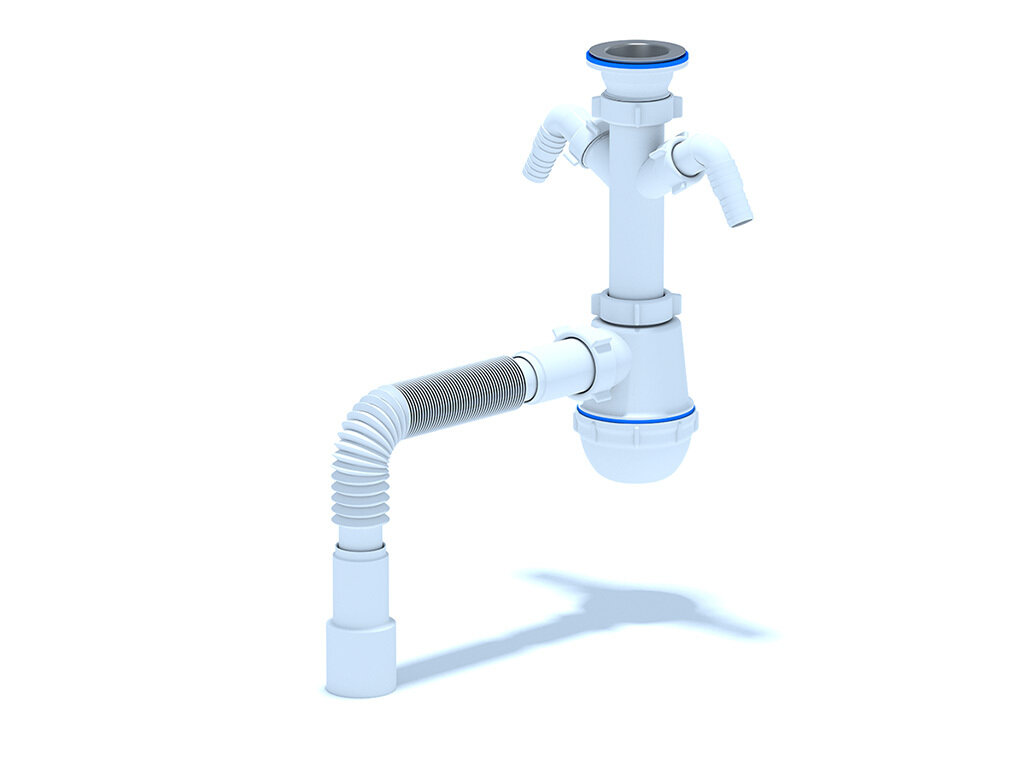 Сифон для кухонной мойки и раковины АНИ Грот 1 1/2"40 с двумя отводами для стиральной машины, с гибкой трубой 40x40/50