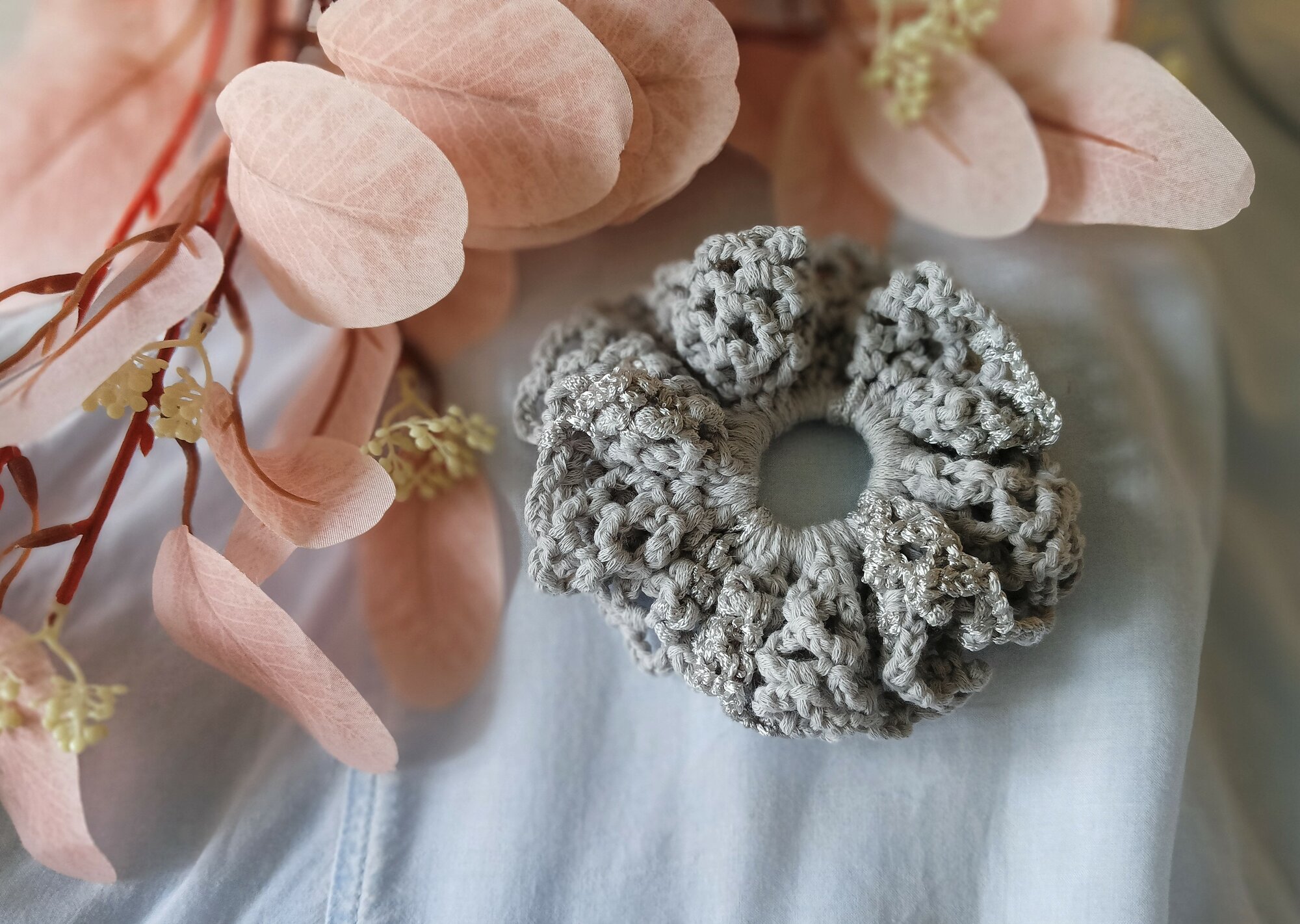 Резинка для волос 1шт, пышная, хлопок, женская, серая.