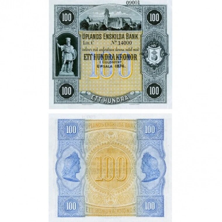Швеция 100 крон 1874 банк Uplands Enskilda, сувенирная копия, банкноты и купюры редкие коллекционные