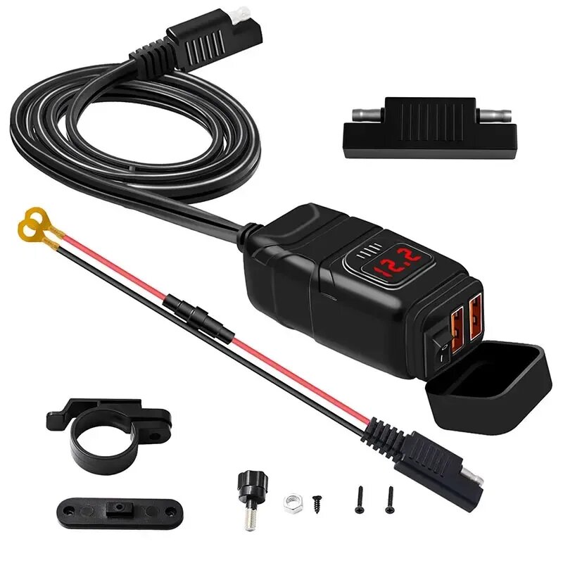 12 В мотоциклетное быстрое зарядное устройство с двумя USB-портами QC3.0, руль, быстрая зарядка, водонепроницаемая розетка, адаптер, цифровой вольтметр, переключатель включения и выключения