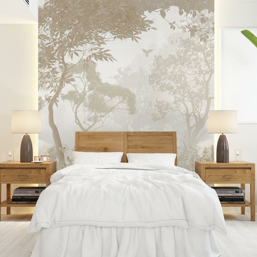 Фотообои Бежевый лес в тумане 9-1400-S-Холст 270 x 200 см (ВхШ) Бесшовные, флизелиновые, влагостойкие обои