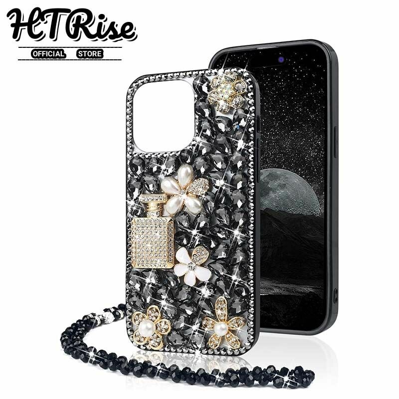 Совместим с Huawei Honor X8A (Хуавэй Хоно X8A ) Luxury 3D с бриллиантовым кристаллом, блестящим флаконом духов и цветочным чехлом для телефона, блестящей цепочкой и ремешком-шнурком