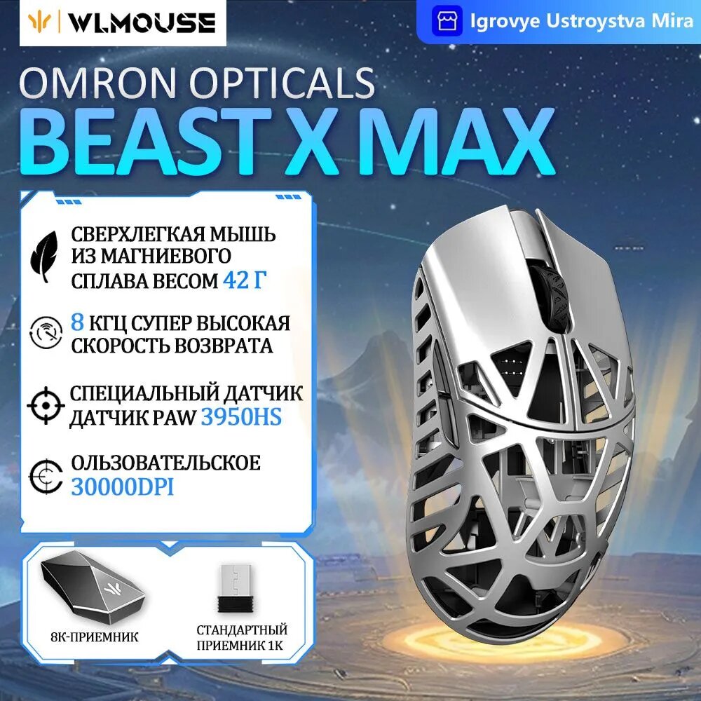 Wlmouse Игровая мышь беспроводная Beast X Max Беспроводная связь 8K-OM Opticals, серебристый