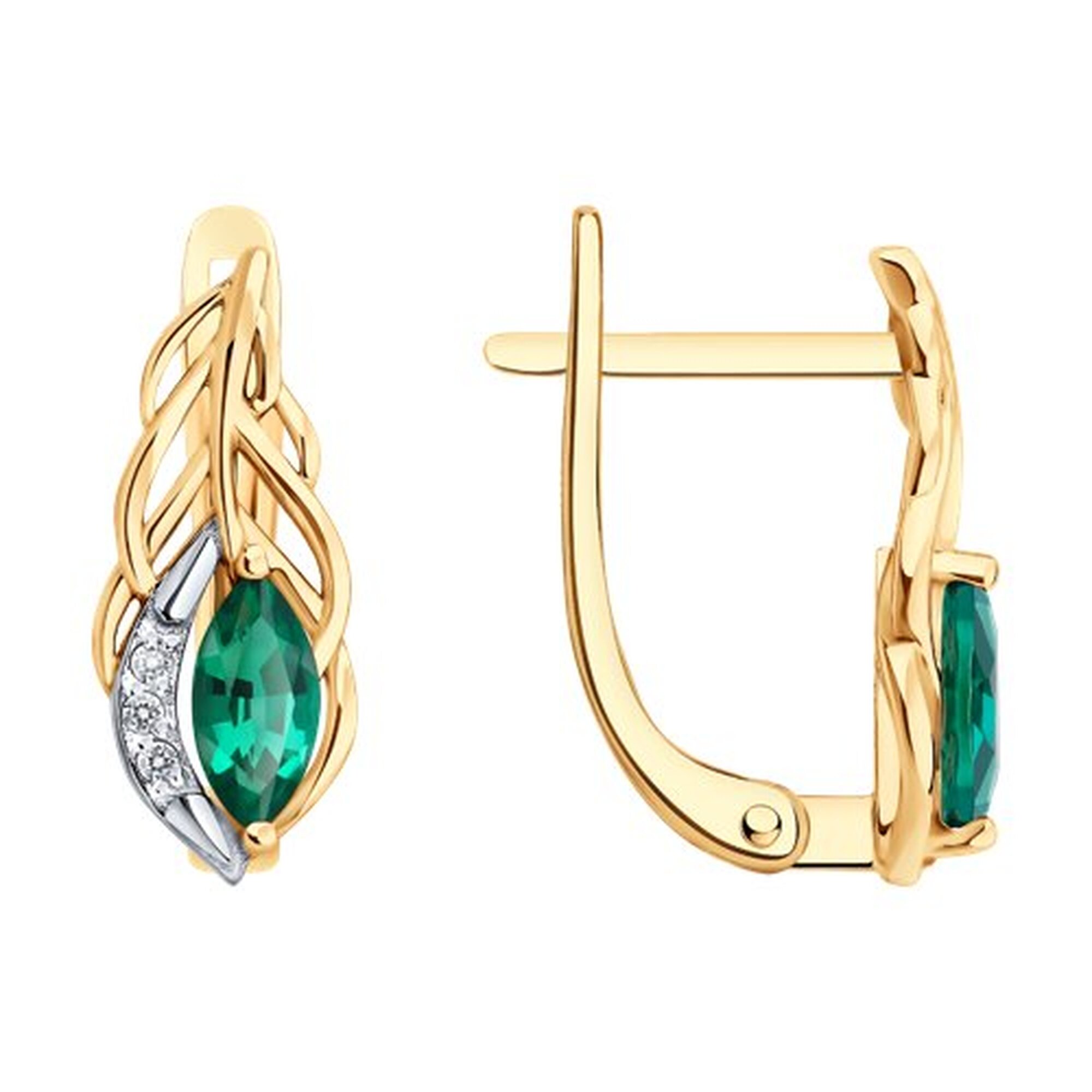 Серьги, красное золото, 585 проба, изумруд синтетический, бриллиант