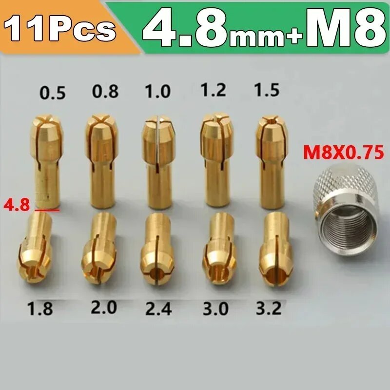Латунные цанги 0,5-3,2 мм Dremel 4,8 мм 4.8mm-M8(11Pcs)