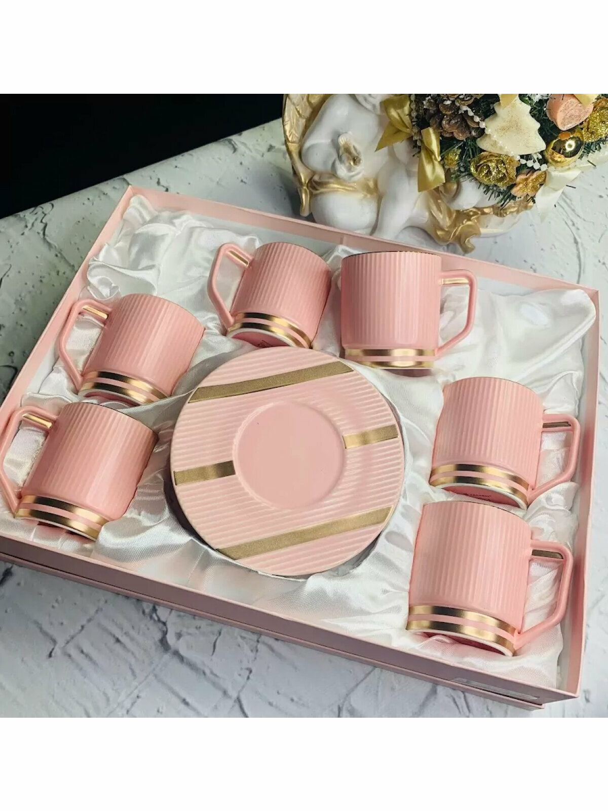 Чайный сервиз Lenardi, фарфор, на 6 персон, 14 предметов, розовый с золотом