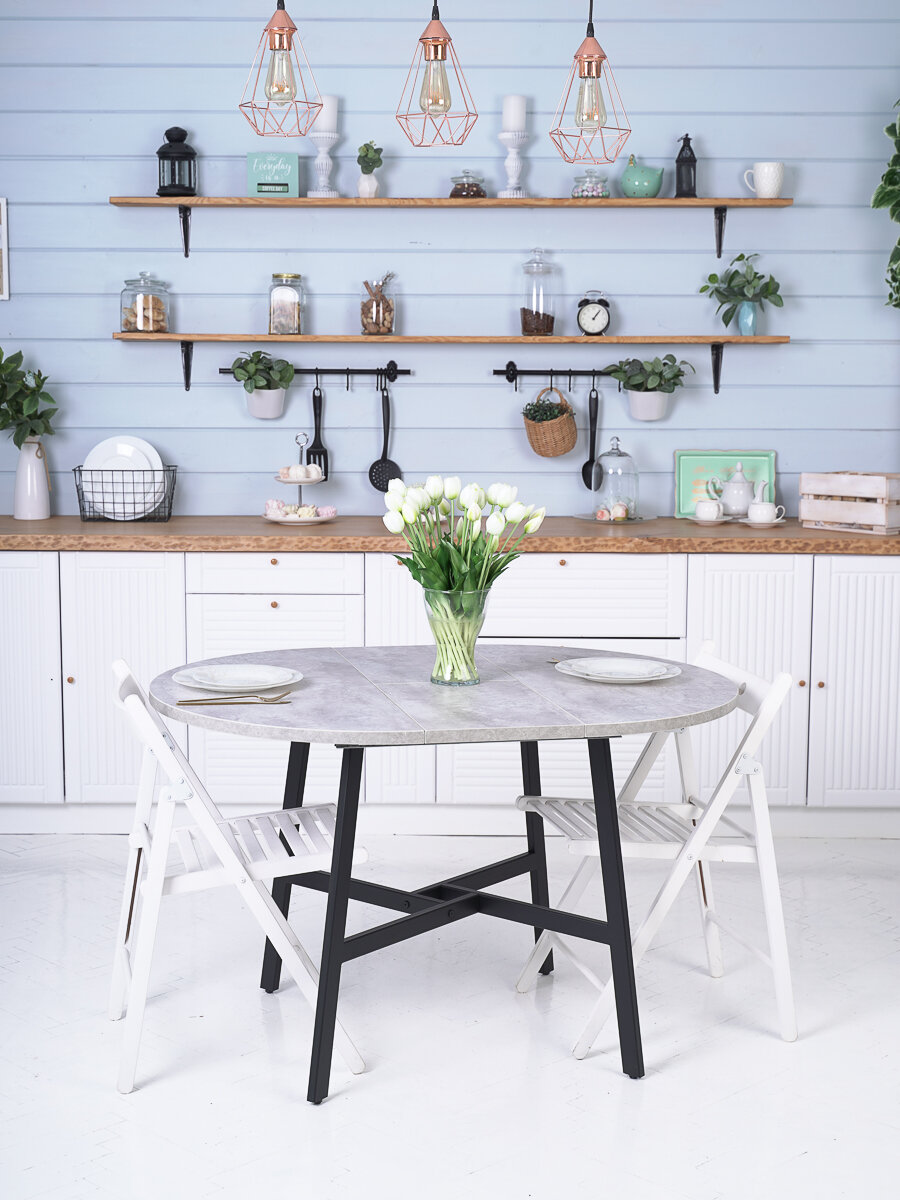 Стол кухонный обеденный Leela круглый раздвижной, цемент, 89х89/119х75 см.