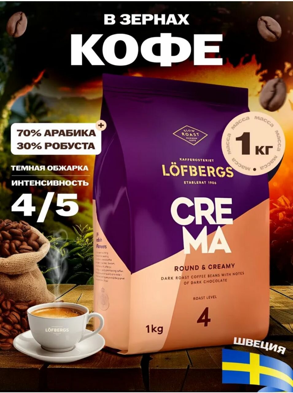 Кофе в зернах Lofbergs "Crema", 1 кг, арабика/робуста, тёмная обжарка, Швеция
