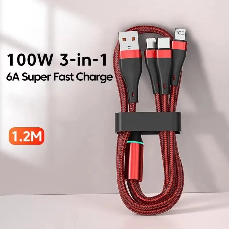 Olaf 100 Вт 3 в 1 USB-кабель для быстрой зарядки для Iphone Huawei 6A Type C зарядный Red 1.2m